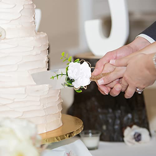 BestAlice Ceremony Wedding Cake Knife And Server Set, Rustic Cake Cutting And Serving Set, Silver Cake Cutting Set with Eucalyptus Leaves Burlap Lace And Rose for Wedding Birthday Party (White Rose)