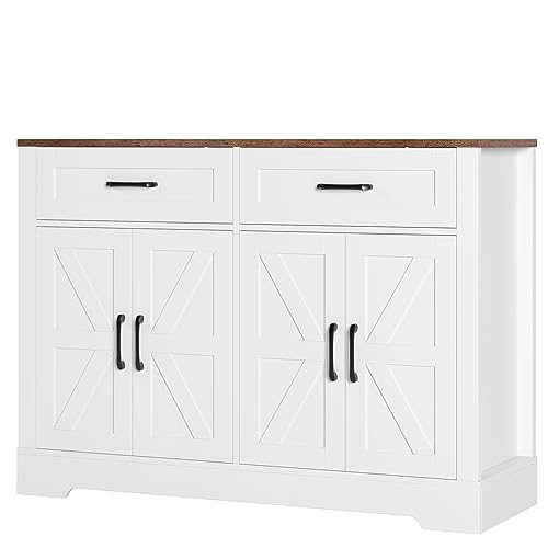 BOTLOG Farmhouse Buffet Cabinet with Storage, 47.2" Sideboard Storage Cabinet with Drawers Coffee Bar Cabinet for Kitchen, Dining Room, Hallway, White