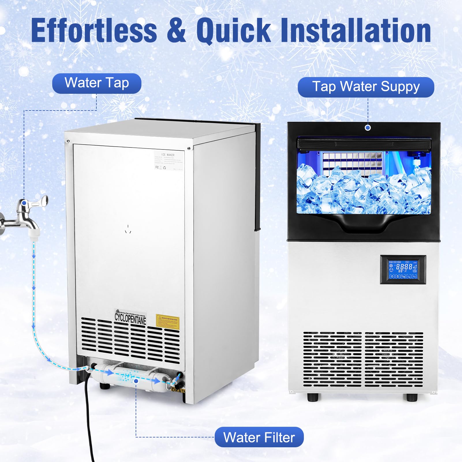 Commercial Ice Maker Machine,Freestanding/Under Counter Stainless Steel Ice Machine,100Lbs/24 Hour with 35Lbs Ice Storage Capacity, Perfect for Restaurant/Bar/Cafe/Shop/Home/Office