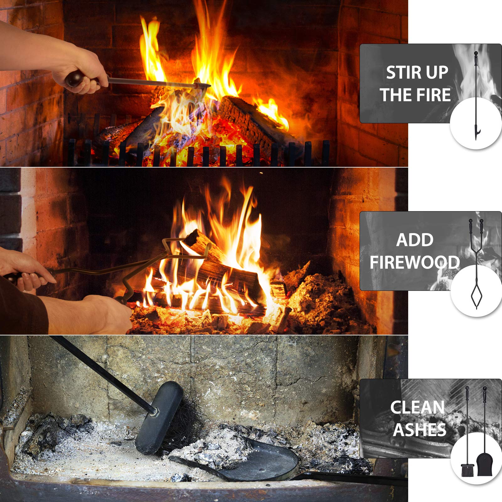 GASPRO 5-Piece Fireplace Tools Set, 32 Inch Wrought Iron Fireplace Accessories Includes Fire Poker, Shovel, Brush, Tong, and Stand, Easy to Assemble