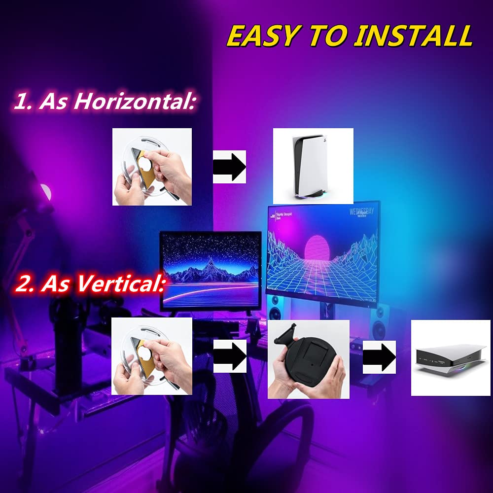 MYLD PS5 LED Console Stand & 5 PCS Vinyl Logo Underlay Sticker, Adjustable RGB Led Light for PS5 Base, Multi-Color LED Light Accessories for Playstation 5 Console (Disc & Digital), USB Powered