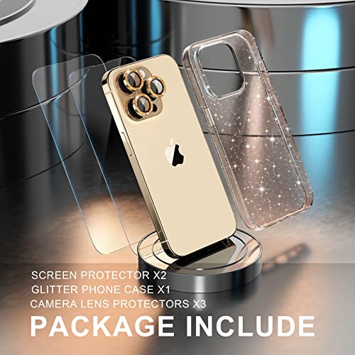 Choiche Compatible for iPhone 14 Pro Case Cute, Women Clear Glitter Bling Sparkly Case, [3 x Diamond Camera Lens Protectors] [2 x Tempered Glass Screen Protectors] 6.1-inch (Glitter Gold)