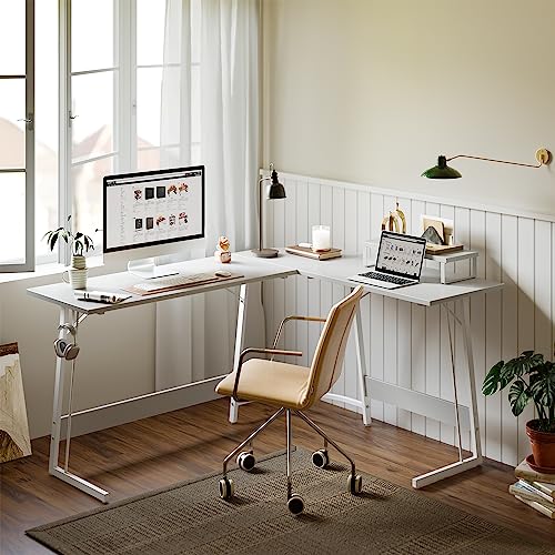 CubiCubi L Shaped Gaming Desk Computer Office Desk, 47 inch Corner Desk with Large Monitor Stand for Home Office Study Writing Workstation, White