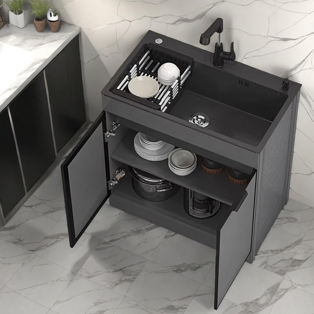 Commercial Kitchen Sink 304 Stainless Steel Utility Sink With Cabinet, Outdoor Free Standing Sink With Utility Faucet, Drain Basket & Draining Rack, Portable Can Be Moved Independently