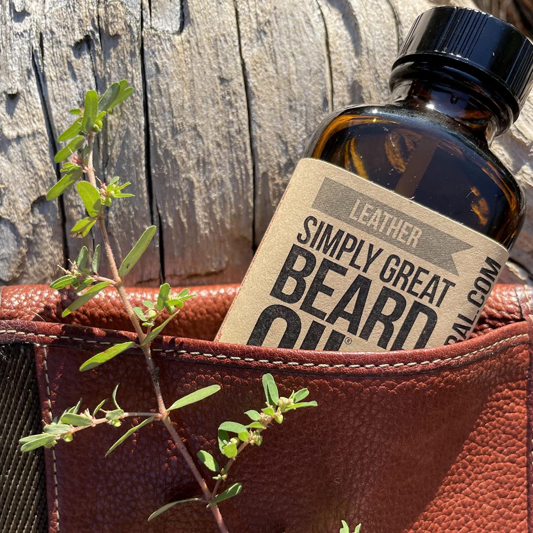 Simply Great Beard Oil - LEATHER Scented - Holiday Gifts - Stocking Stuffers - Beard Conditioner -3 Oz - Easy Applicator - Natural - Vegan and Cruelty Free Care for Beards - Gifts for Men