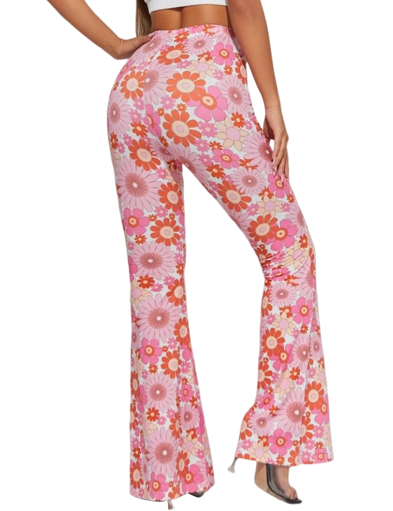 Arssm Boho Flare Pants 70s High Waist Flowerl Print Wide Leg Yoga Hippie Pants(Pink-L)