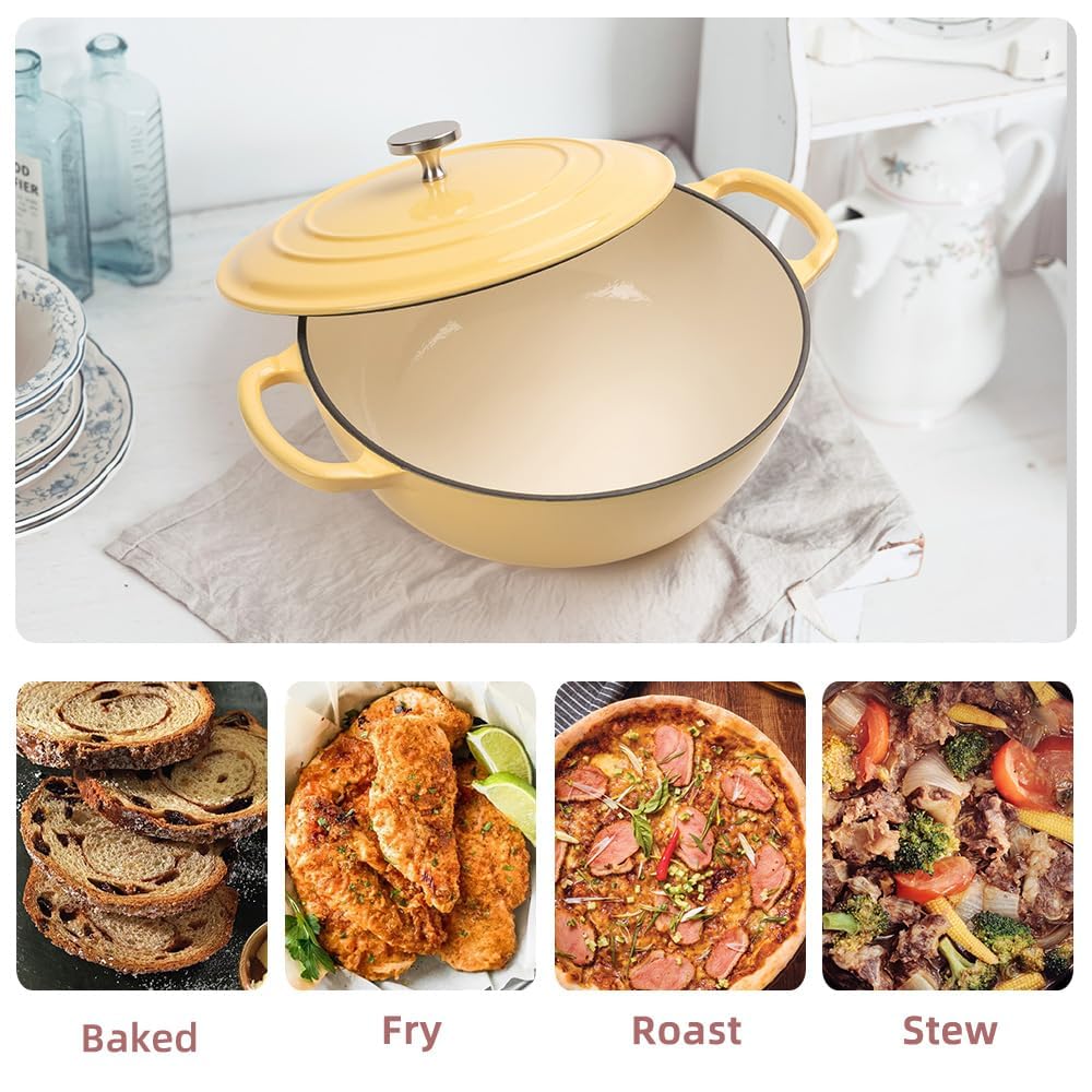 M-COOKER 4.5 Quart Dutch Oven Pot with Lid: Versatile Cast Iron Enamel Dutch Oven for Sourdough Bread Baking or Frying, Roasting, and Simmering(Yellow), 13.7Lx10.2Wx6H