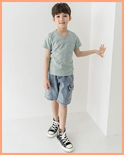 CUNYI Little Boys' Solid Short Sleeve Pocket V-Neck T-Shirt Summer Tops, Light Green, 140