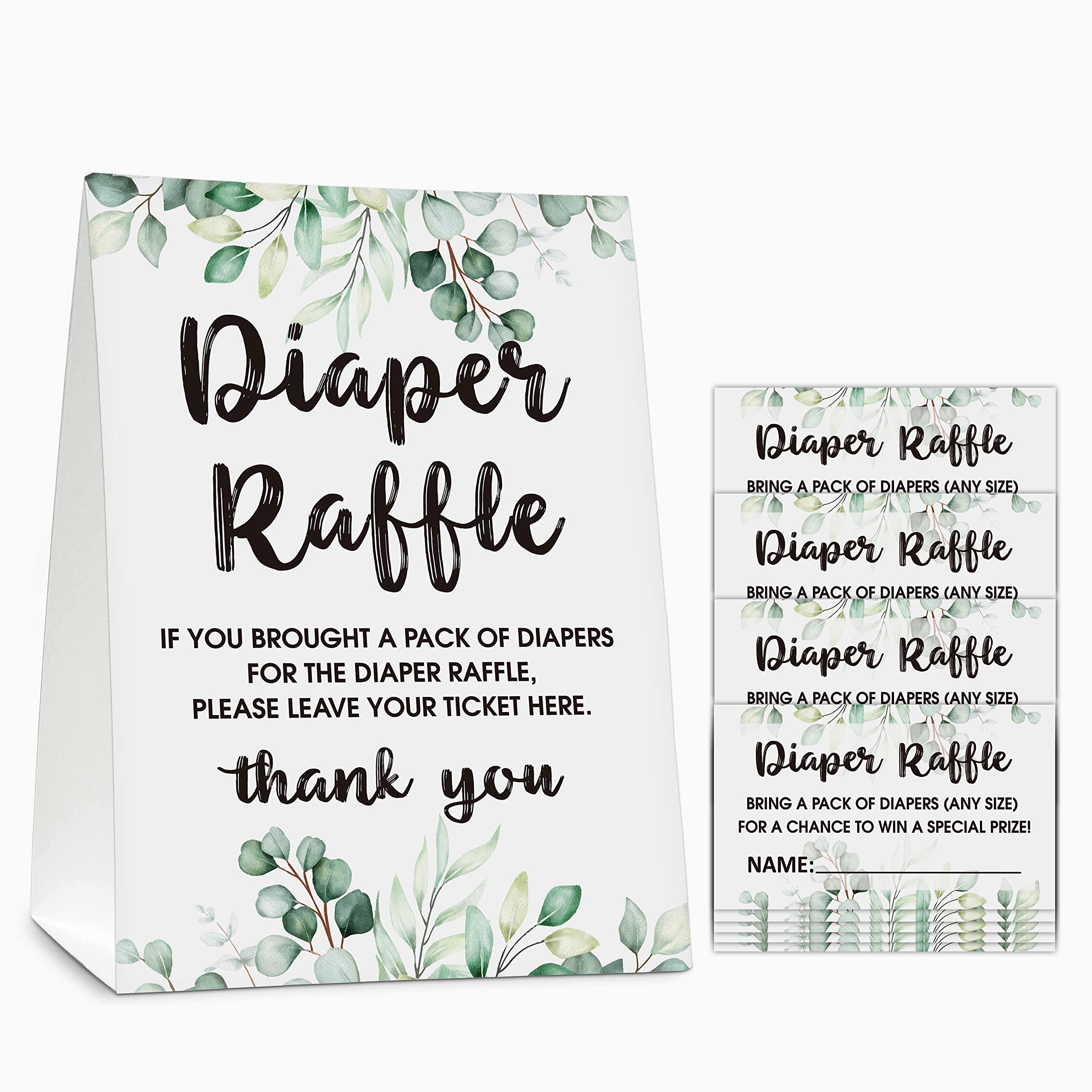 Diaper Raffle Baby Shower Game Set(1 Standing Sign + 50 Guessing Cards), Greenery Diaper Raffle Tickets for Baby Shower, Gold Foil Baby Shower Party Favor Decor - A11