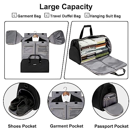Convertible Garment Duffel Bag with Shoe Compartment,ZALUPRI Carry on Garment Bag for Men Women 2 in 1 Hanging Suitcase Suit Weekend Travel Bag, Black