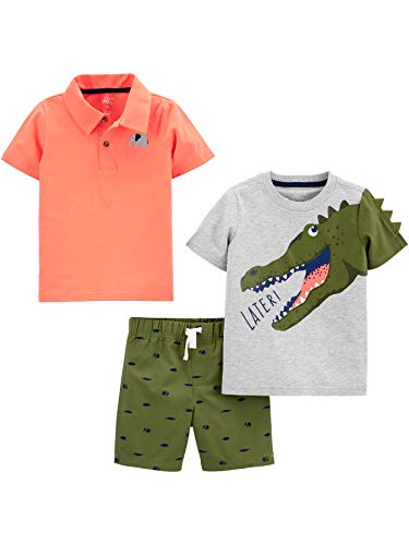 Simple Joys by Carter's Baby Boys' 3-Piece Playwear Set, Coral Orange Elephant/Green Dinosaur/Grey Alligator, 3T