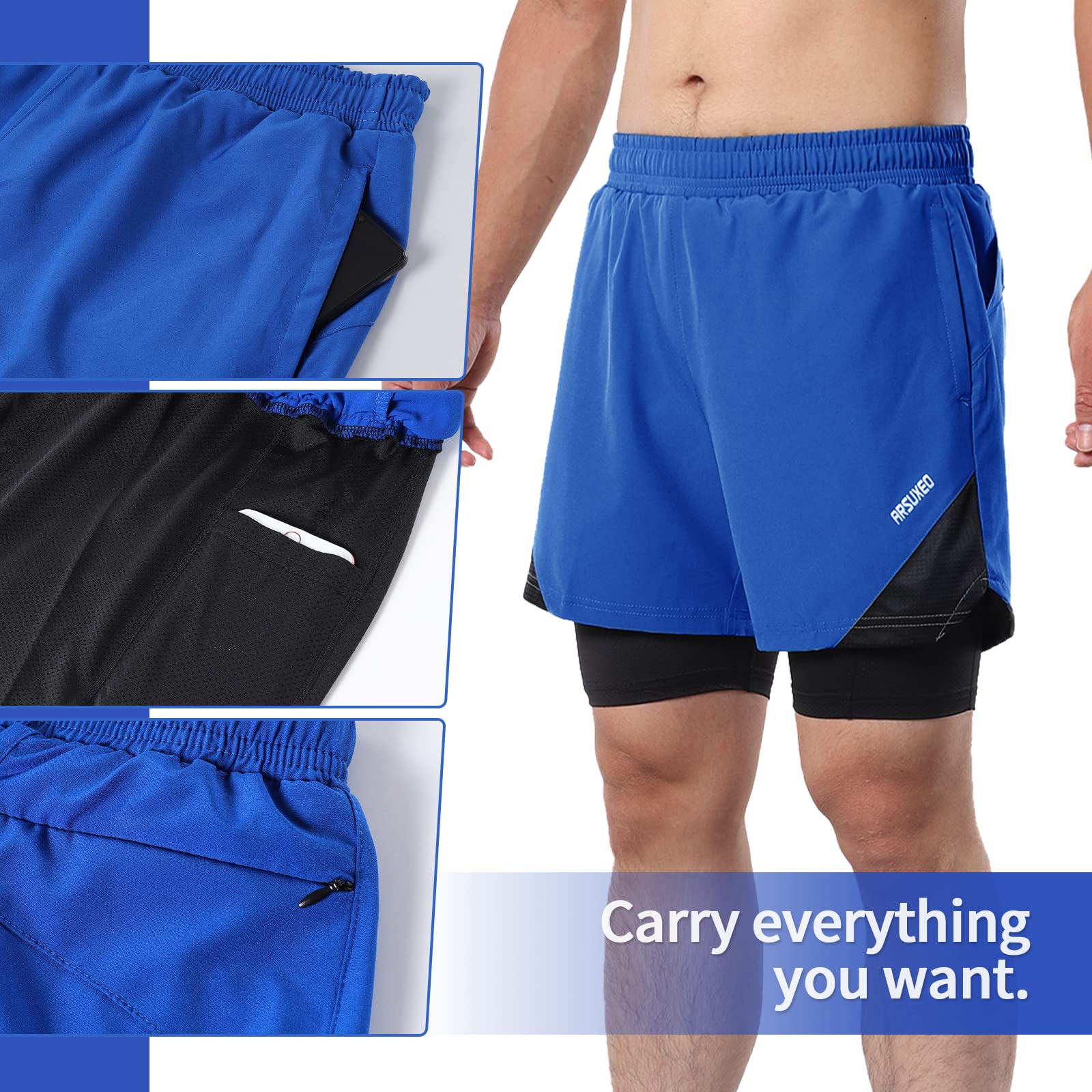 ARSUXEO 2 in 1 Running Shorts for Men 5 Inch with Liner and Phone Pocket Drying Fast Athletic Workout Shorts Sky Blue Size Large