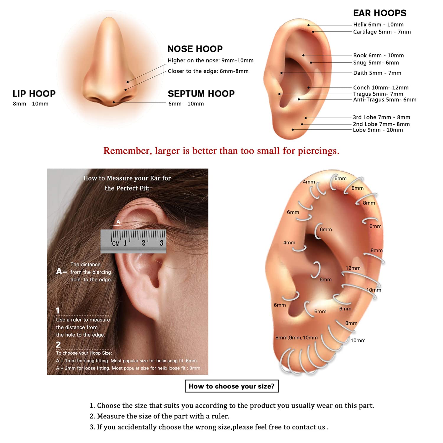 AROWRO Helix Rook Earrings Septum Hoop Nose Hoop CZ 20G Rose Gold 8mm Double Open Stack 316L Surgical Steel Daith Tragus Cartilage Piercing Jewelry Sleeper Earring