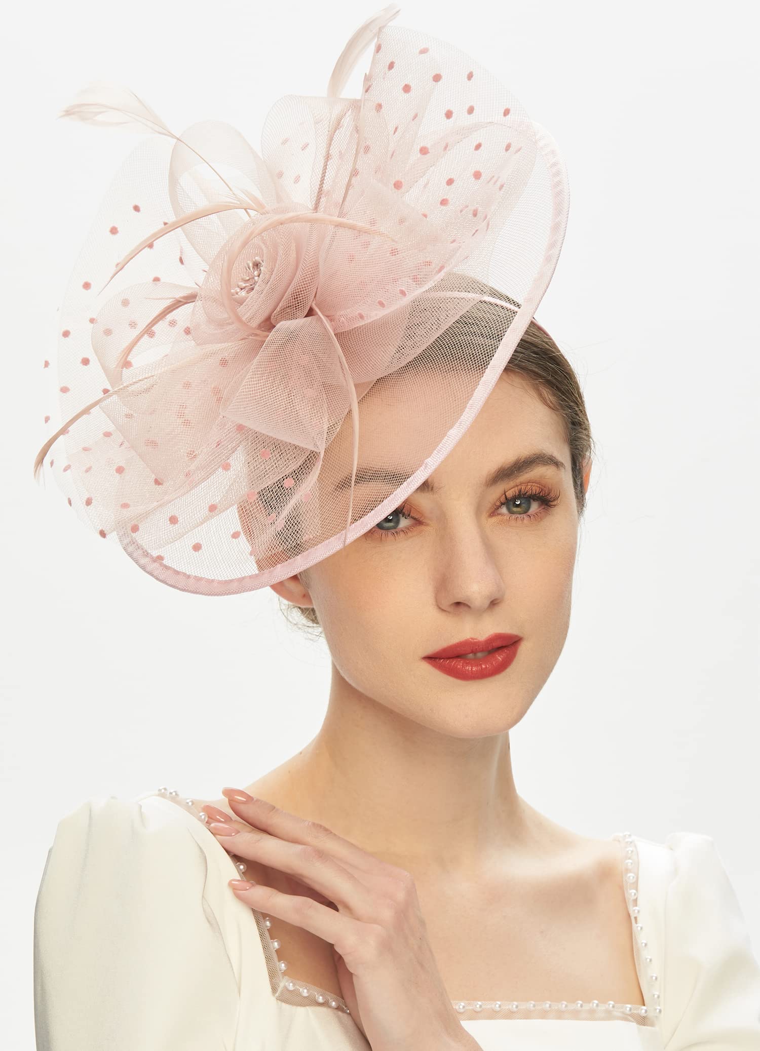 Fascinators Hats for Womens 50s Headwear with Veil Flower Cocktail Wedding Tea Party Church Derby Hat(3-blush pink)