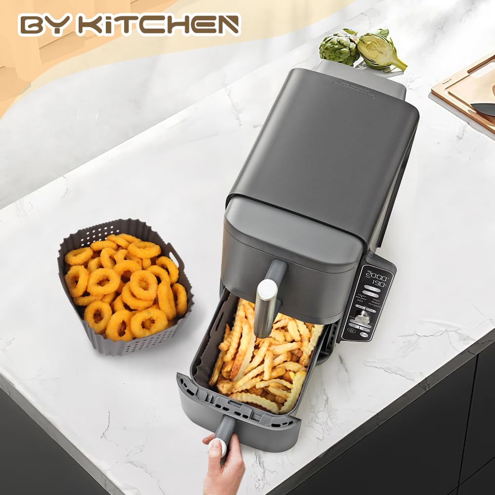 BYKITCHEN Silicone Air Fryer Liners for Ninja SL401/DZ201/DZ401/DZ550 Double Stack 2 Basket Air Fryer, Rectangle Perforated Dual Air Fryer Silicone Liners, Ninja DoubleStack XL Air Fryer Accessories