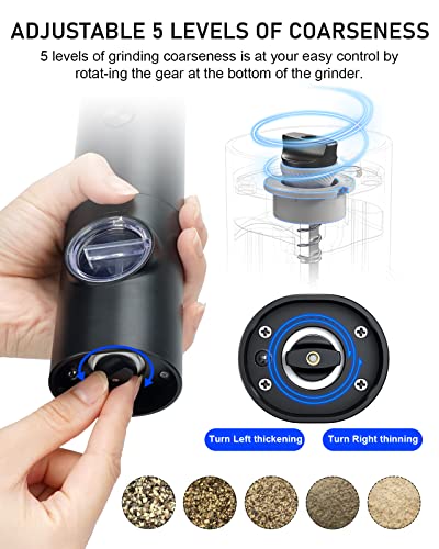 COKUNST Electric Pepper and Salt Grinder Set, Battery Powered Adjustable 5 Levels of Coarseness Black Pepper Grinder Mill with Stand, Automatic Grinding with LED Light for BBQ Resturant Kitchen