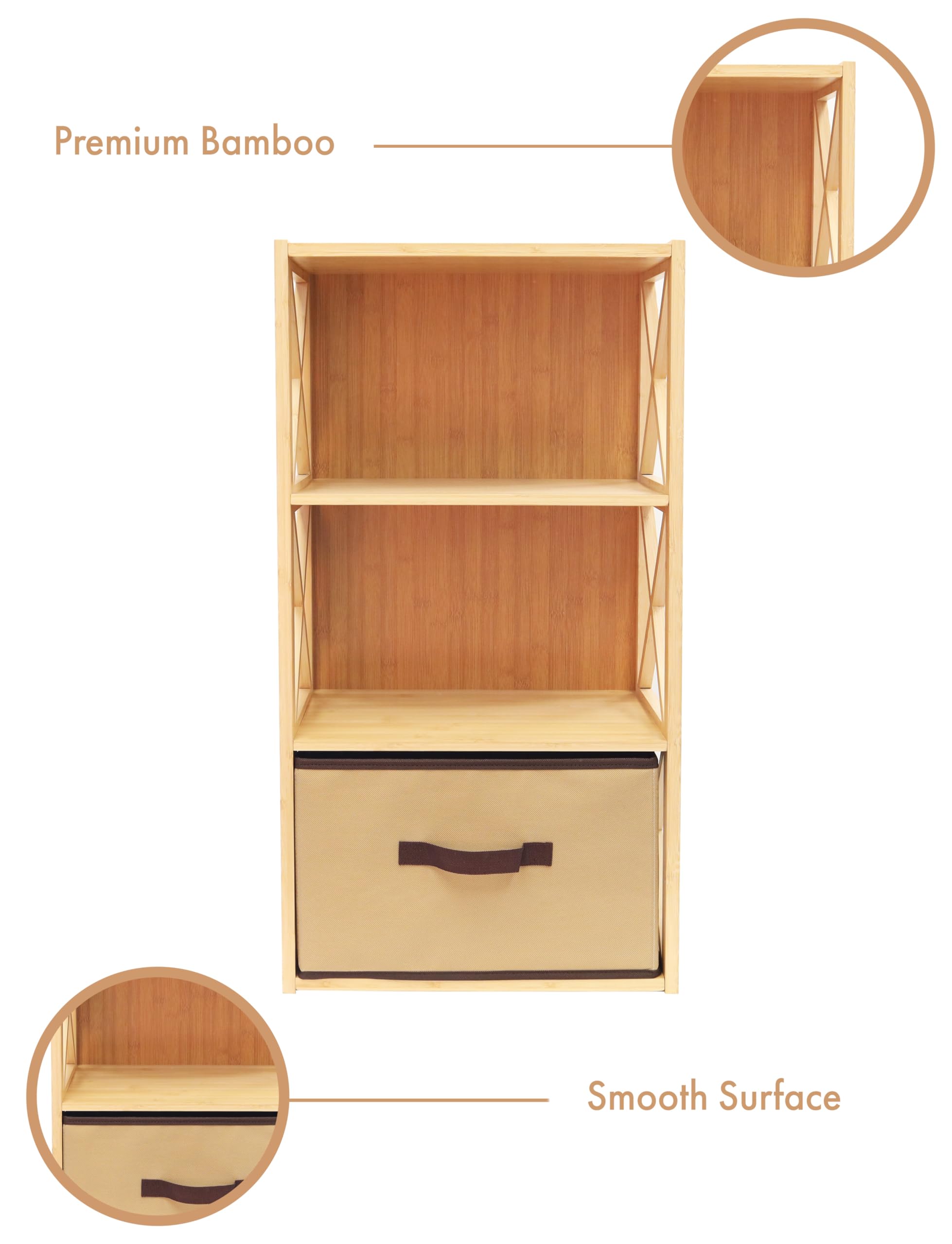 RoyalHouse Bamboo Storage Cabinet with Basket, 3-Tier Open Shelf, Cabinet for Bathroom, Living Room, Bedroom, Kitchen,Office