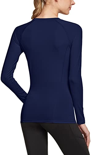 ATHLIO Women's Sports Compression Shirt, Cool Dry Fit Long Sleeve Workout Tops, Athletic Exercise Gym Yoga Shirts, 2pack White/Navy, Medium