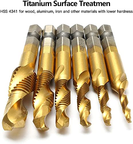 Bestgle 6 Packs Hex Shank Titanium Coated Countersink Tap Drill Bit Set, HSS Screw Thread Metric Combination Tap Drill, M3-M10