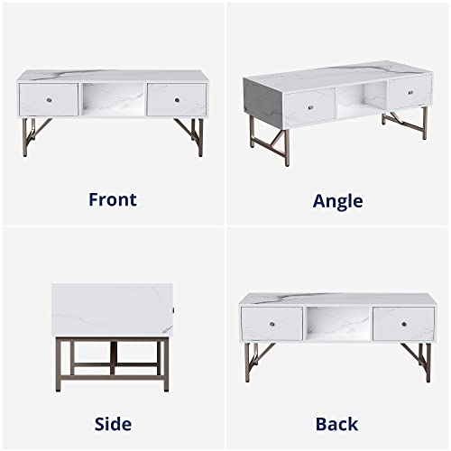 Cozy Castle Coffee Table with Drawers, 43" Mid Century Modern Coffee Table with Storage, Coffee Table with Metal Legs, Wood Small Coffee Table for Living Room, Bedroom and Office, White