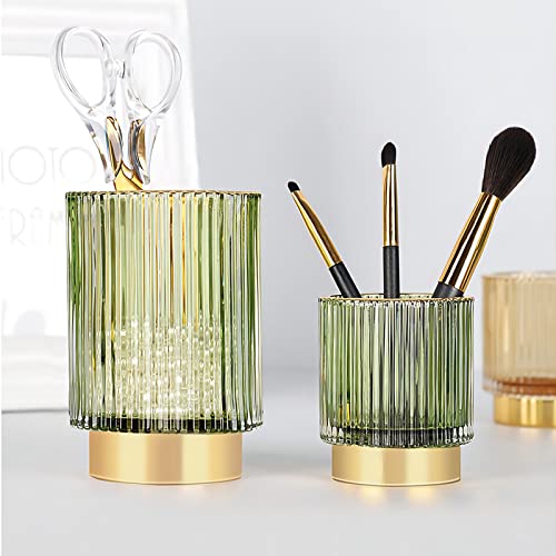 DASITON Makeup Brush holder Organizer,Crystal Cosmetic Makeup Brush Glass Brushes Storage Holder, Vintage Make Up Brush Cup Pen Pencil Holder striped vase(Green S+L