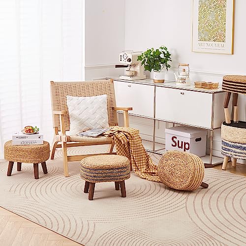 Cpintltr Pouf Ottoman Natural Water Hyacinth Footrest Pouffe Hand Weave Seagrass Boho Ottomans Footstool with Non-Skid Pine Legs for Bedroom Living Room Patio White