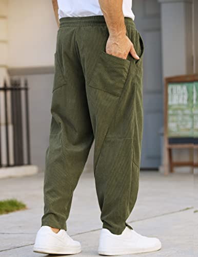 COOFANDY Men Corduroy Pants Drawstring Waist Loose Casual Long Trousers with Pockets, ArmyGreen, XL