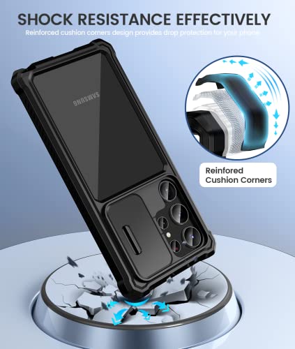 Caka for Galaxy S23 Ultra Case with Slide Camera Lens Cover Military Grade Drop Proof Protection Rugged Protective Clear Phone Case Cover for Samsung Galaxy S23 Ultra 6.8 inch 2023, Black