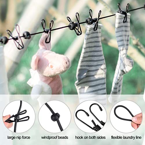 FYY Clothesline, Portable Elastic Travel Camping Clothes line with 12 Black Clips, Retractable Laundry Drying line for Home, Backyard, Hotel, Outdoor and Indoor Use (Black)