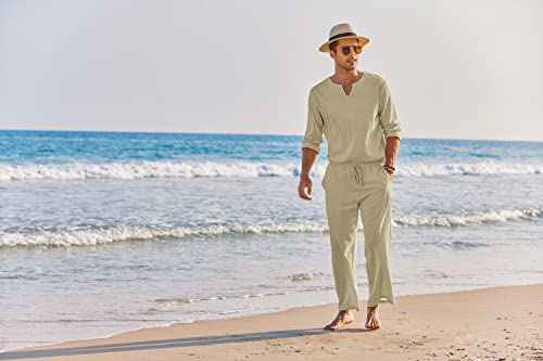 COOFANDY Men's 2 Pieces Cotton Linen Set Henley Shirt Long Sleeve and Casual Beach Pants Summer Yoga Outfits