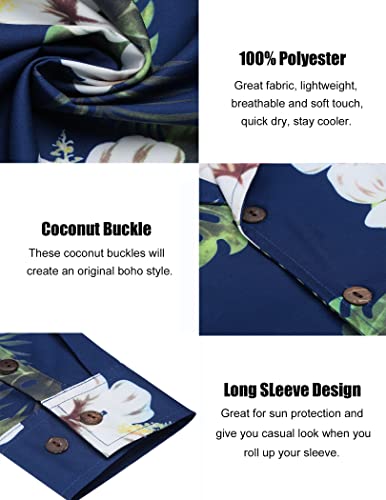 COOFANDY Men Hawaiian Shirts Flower Long Sleeve Beach Shirt Relaxed Fit Tropical Button Up Shirt for Summer Navy Blue XXL