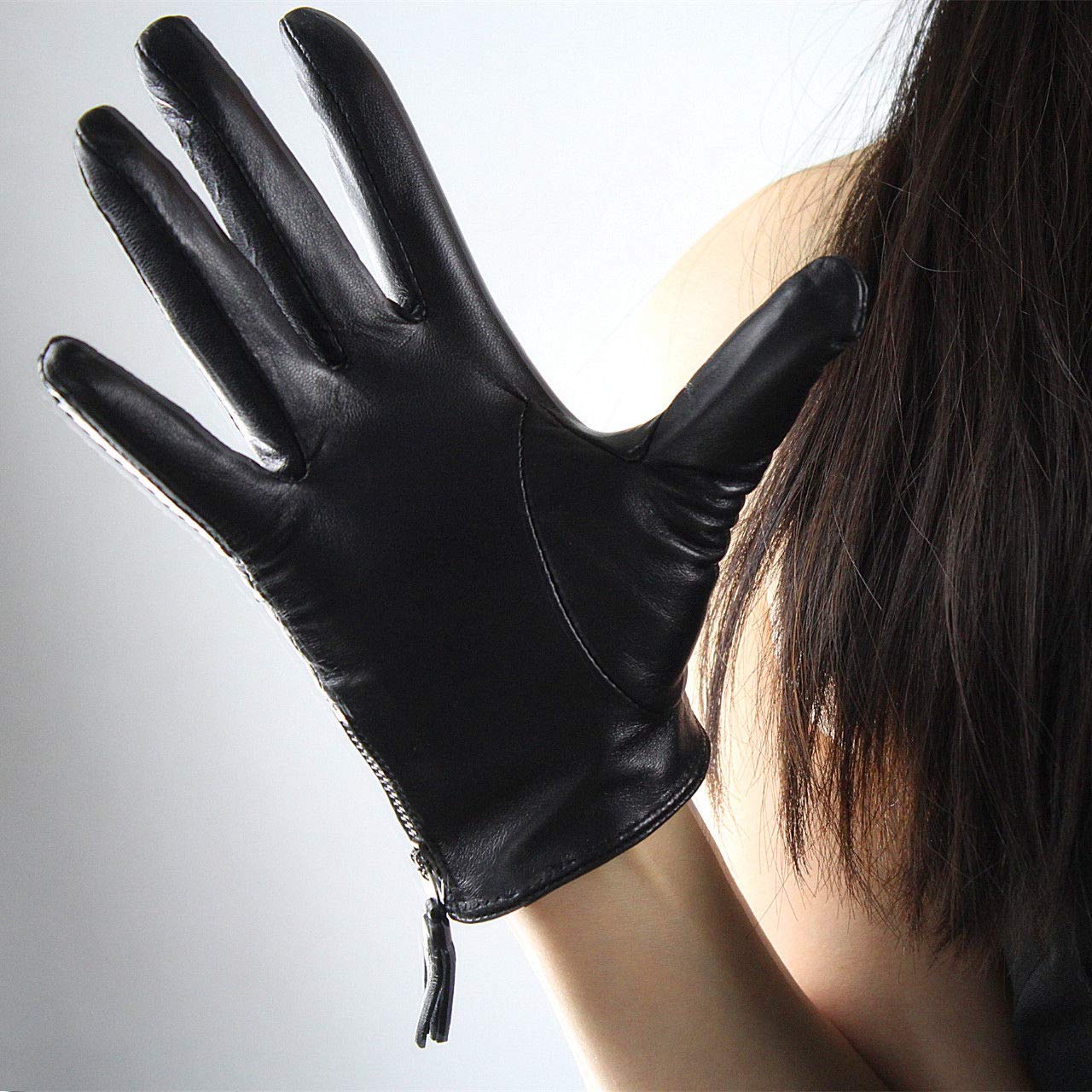 DooWay Short Black Touchscreen Real Leather Gloves, Imported Goatskin Leather Tassel Zipper Unique Pop Finger Gloves,size M