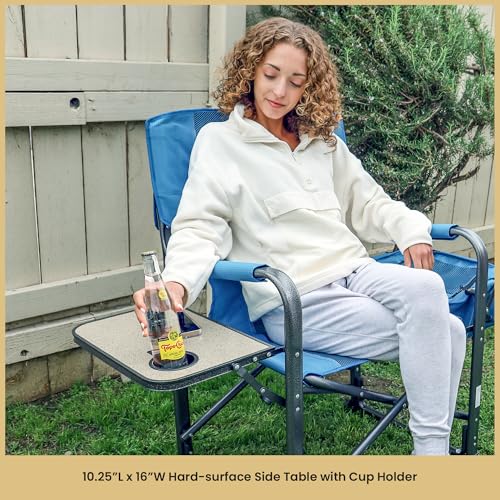 ARROWHEAD OUTDOOR Folding Director’s Chair w/Side Table & Integrated Cooler, Cup Holder, Storage Pouch, Supports up to 450lbs, Carrying Case, Steel Frame, High-Grade 900D Canvas, Blue (KKS0293U)