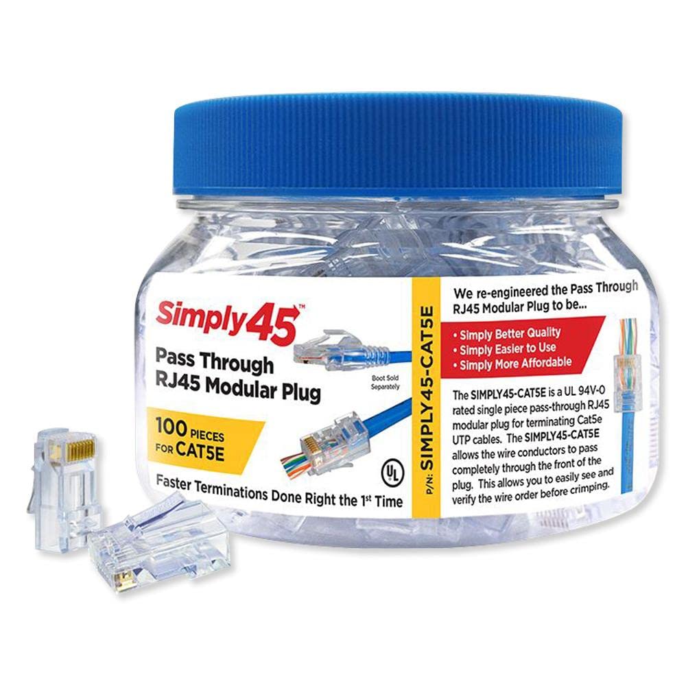Simply45 Unshielded Pass-Through RJ45 Modular Plugs - 24AWG Solid for CAT5e UTP Cables and 28-26AWG Stranded - Light Blue Tint - 100 Piece Jar - S45-1500