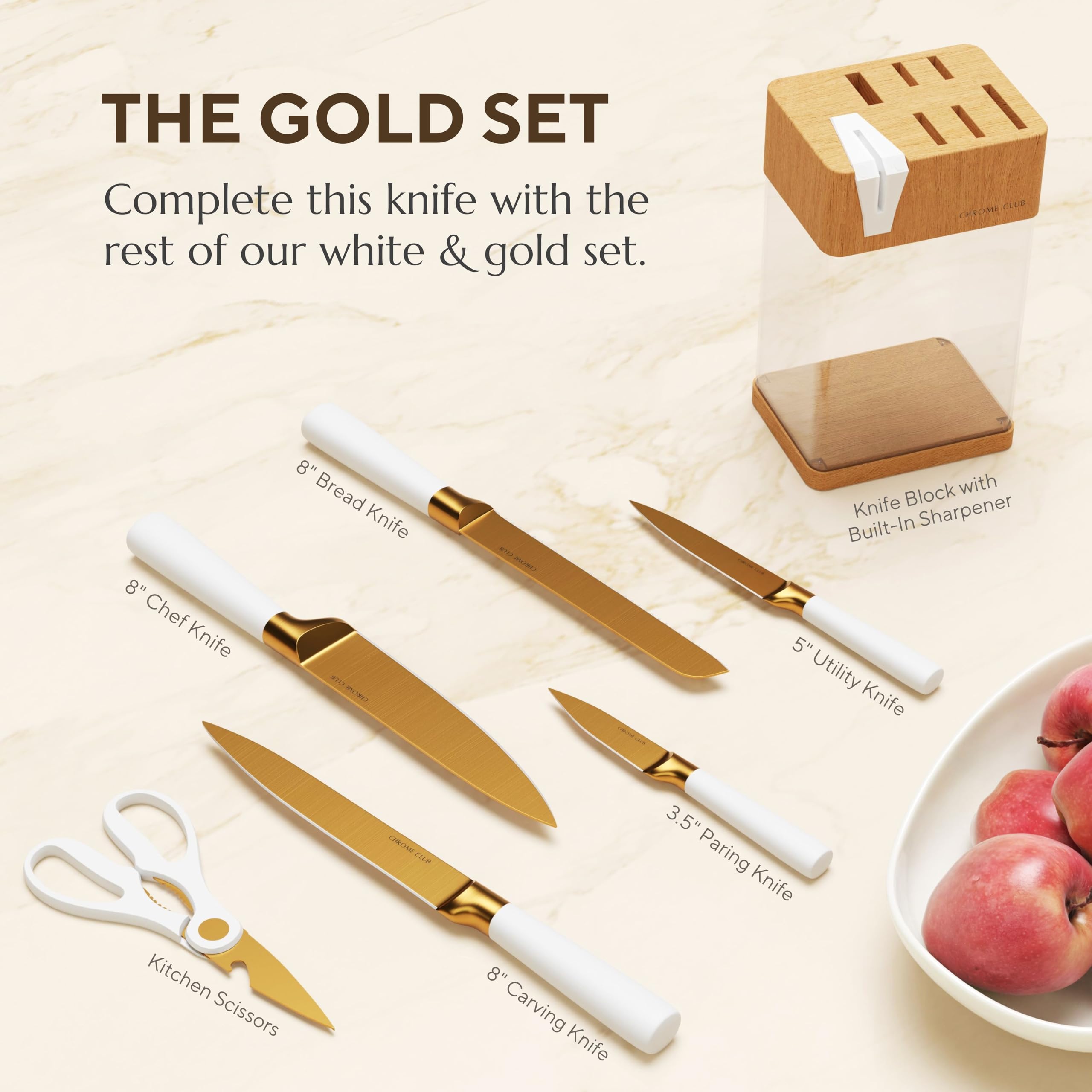 CHROME CLUB 5 inch Utility Knife - Stainless Steel White and Gold Paring Knife Best for Kitchen Vegetables and Fruit - Utility Knife Kitchen with Ergonomic Silicone Handle for Extra Grip