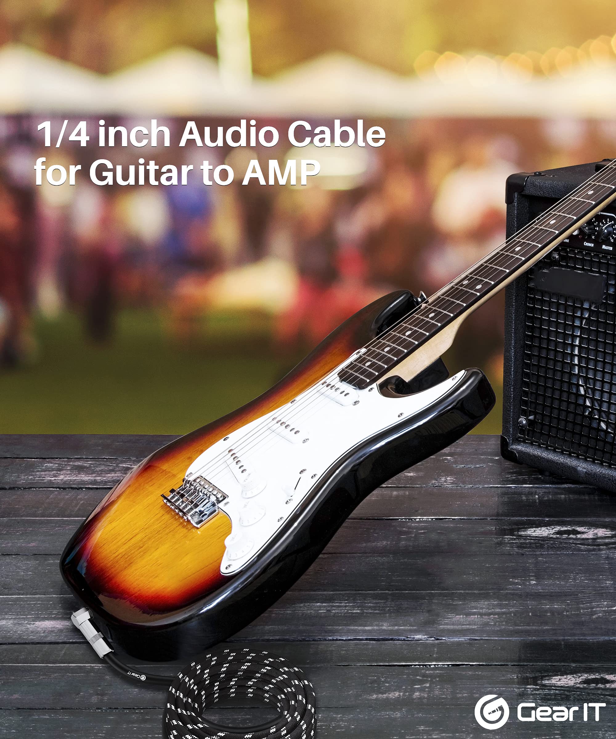 GearIT Audio Instrument Cable (20ft) Right Angle to Straight 1/4 Inch Male to Male for AMP Cord, Base and Electric Guitar - Black/White