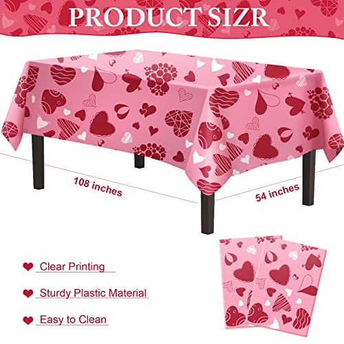 CAKKA Valentines Day Tablecloth Plastic 54x108 Inch, 2Pack Disposable Pink Heart Tablecloth, Rectangle Valentine Table Cloth Table Cover for Valentineās Day Wedding Decor Decoration