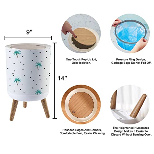CAKOJV188 Round Trash Can with Press Lid Palm Trees and Coconuts Seamless with Polka dots Small Garbage Can Trash Bin Dog-Proof Trash Can Wooden Legs Waste Bin Wastebasket 7L/1.8 Gallon