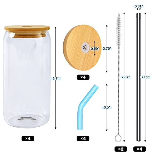 AUGOSTA Beer Can Glass with Lids and Straw, 16 oz Reusable Drinking Glasses Tumbler, Free 4 Bamboo lids, 4 Stainless Steel Straw with Colored silicone plug, 2 Cleaning Brush, 4 Pack