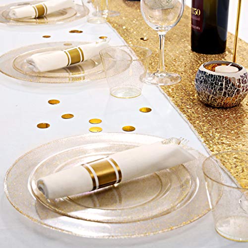 DaYammi 350 Pieces Gold Glitter Dinnerware Set 50 Guest for party- 50 Dinner Plates, 50 Dessert Plates -50 Per Rolled Napkins with Gold Cutlery - 50 Disposable Cups 9 OZ
