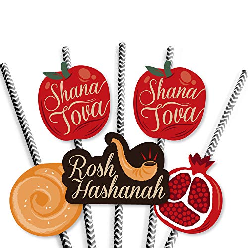 Big Dot of Happiness Rosh Hashanah - Paper Straw Decor - Jewish New Year Striped Decorative Straws - Set of 24