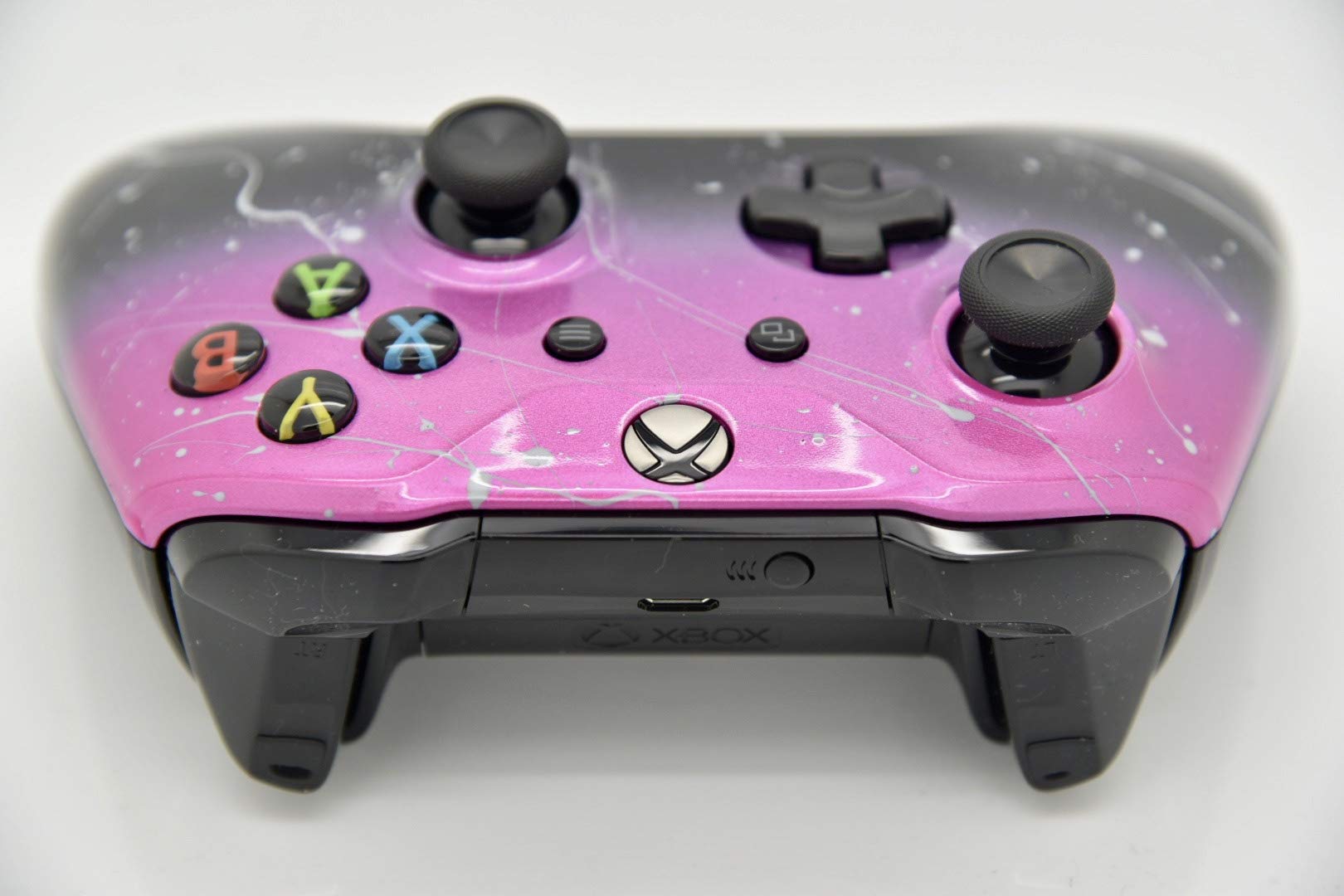 Hand Airbrushed Fade Xbox One Custom Controller Compatible with Xbox One (Pink & Black Fade W/Silver Splatter)