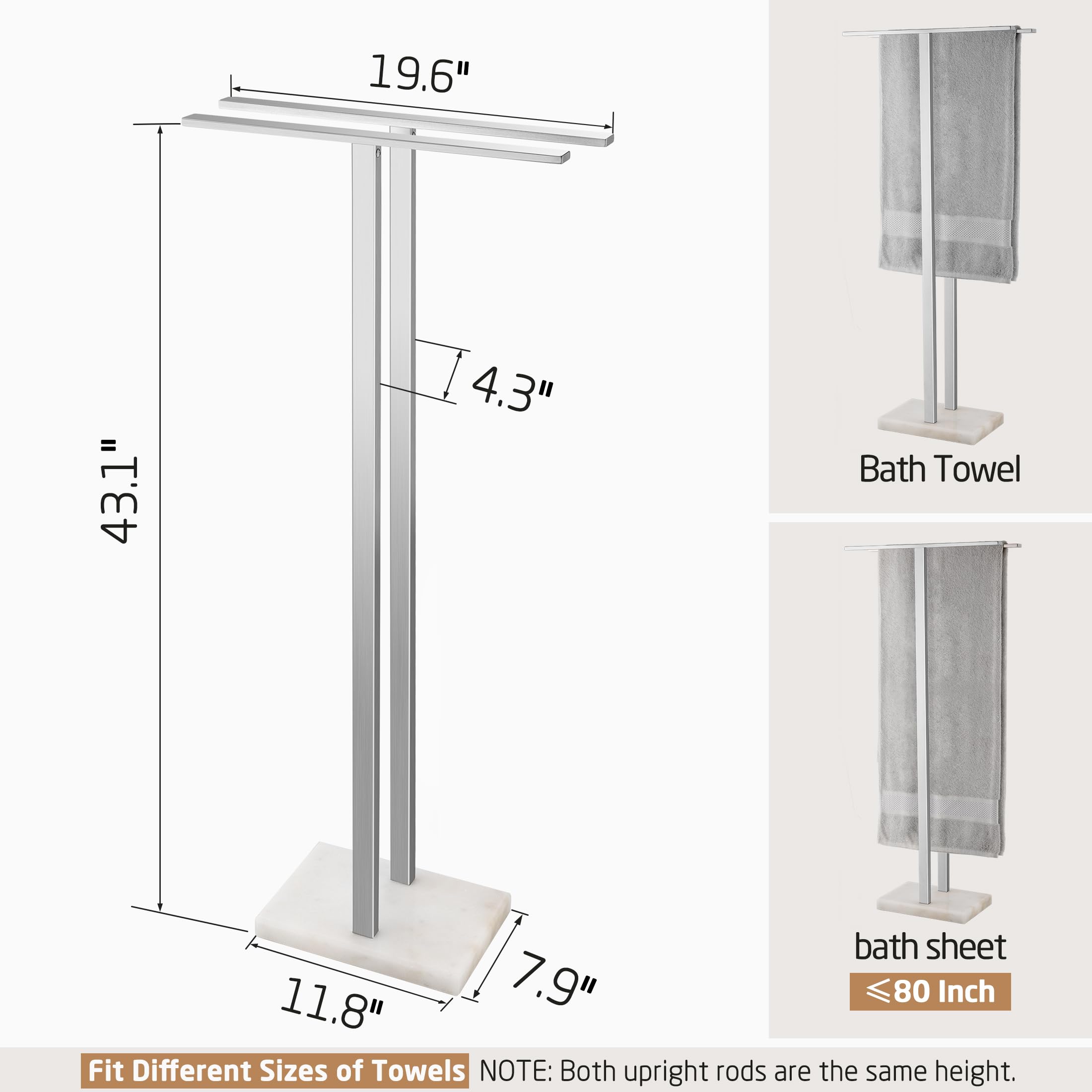 KES Standing Towel Rack for Bathroom, Free Standing Towel Rack Bathroom Floor with Weighted Marble Base 2-Tier, Extra High Thick Double Bath Towel Holder 18/8 Stainless Steel Brushed Finish, BTH232-2