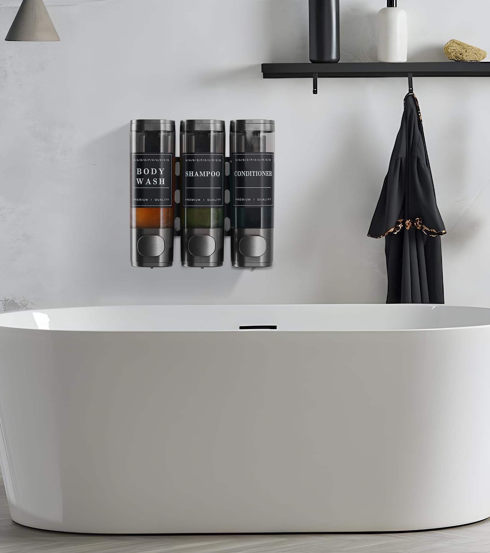 Cabo Deseado Shower Soap Dispenser Wall Mounted No Drill Shampoo Dispenser for Shower Wall Shampoo and Conditioner Dispenser Bathroom Hotel 3 * 300ml Gungray with Labels