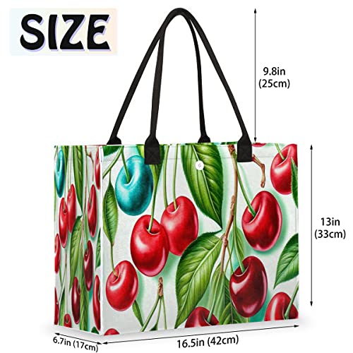 cfpolar Cherry Reusable Grocery Shopping Bag with Hard Bottom, QQQBQQ Large Foldable Multipurpose Heavy Duty Tote with Zipper Pockets, Sustainable, Durable and Eco Friendly, Beach Bag
