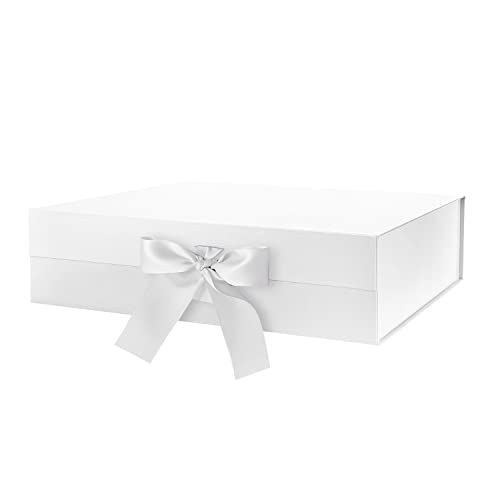 BLK&WH Large Gift Box with Ribbon 13.5x9x4.1 Inches, White Gift Box with Lid Large, Bridesmaid Proposal Box, Luxury Magnetic Box for Presents (Glossy White)