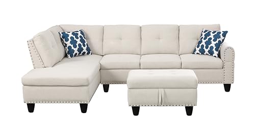 CABSETT 98" L-Shape Wide Left Hand Facing Sofa & Chaise with Storage Ottoman, Linen Upholstered Couch Set with 2 Cup Holder and 2 Pillows for Living Room, Home, Office, Beige