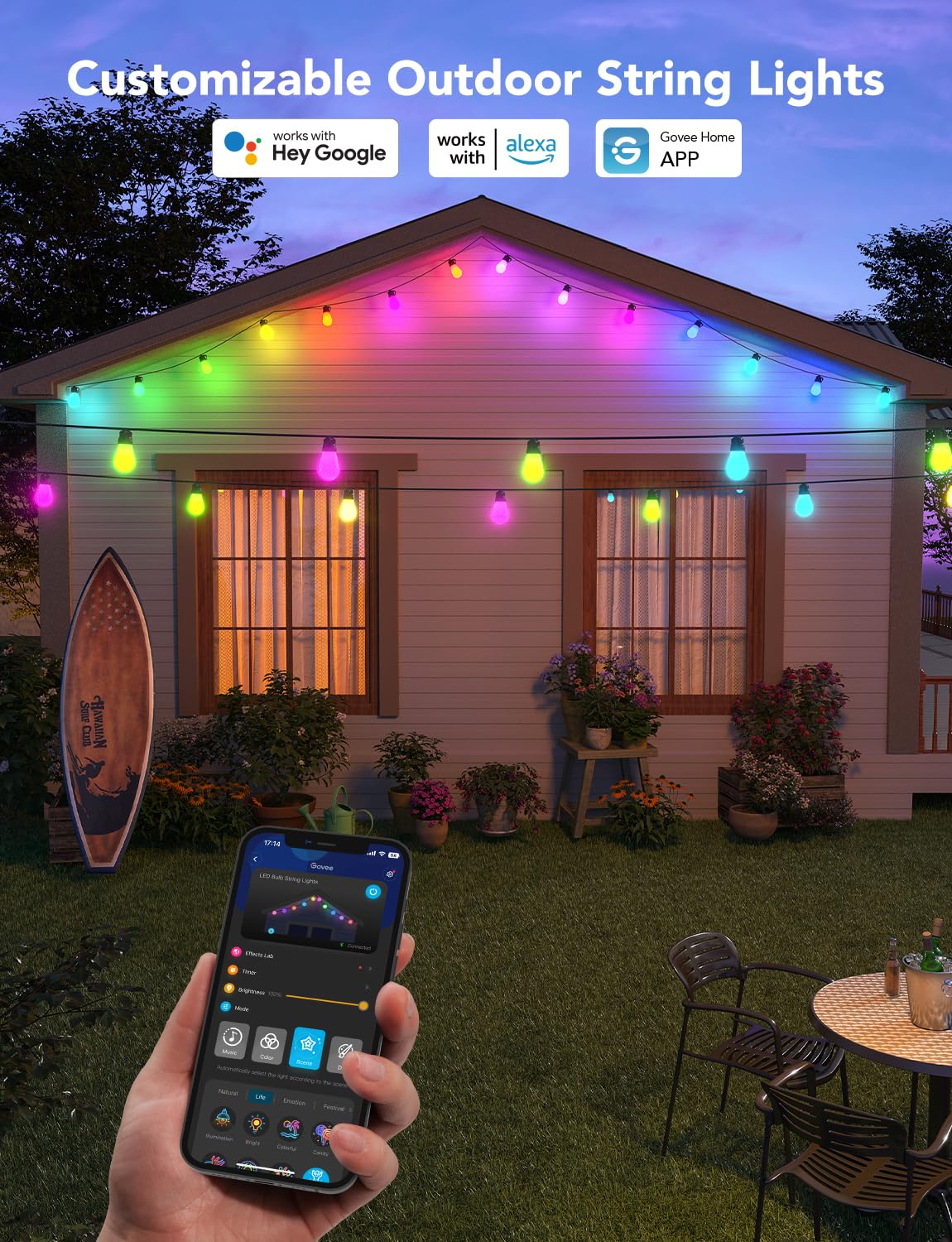 Govee Smart Outdoor String Lights H7020, RGBIC Warm White 48ft LED Bulbs for Outdoor, WiFi Patio Lights Work with Alexa, Google Assistant, APP Control, IP65 Waterproof