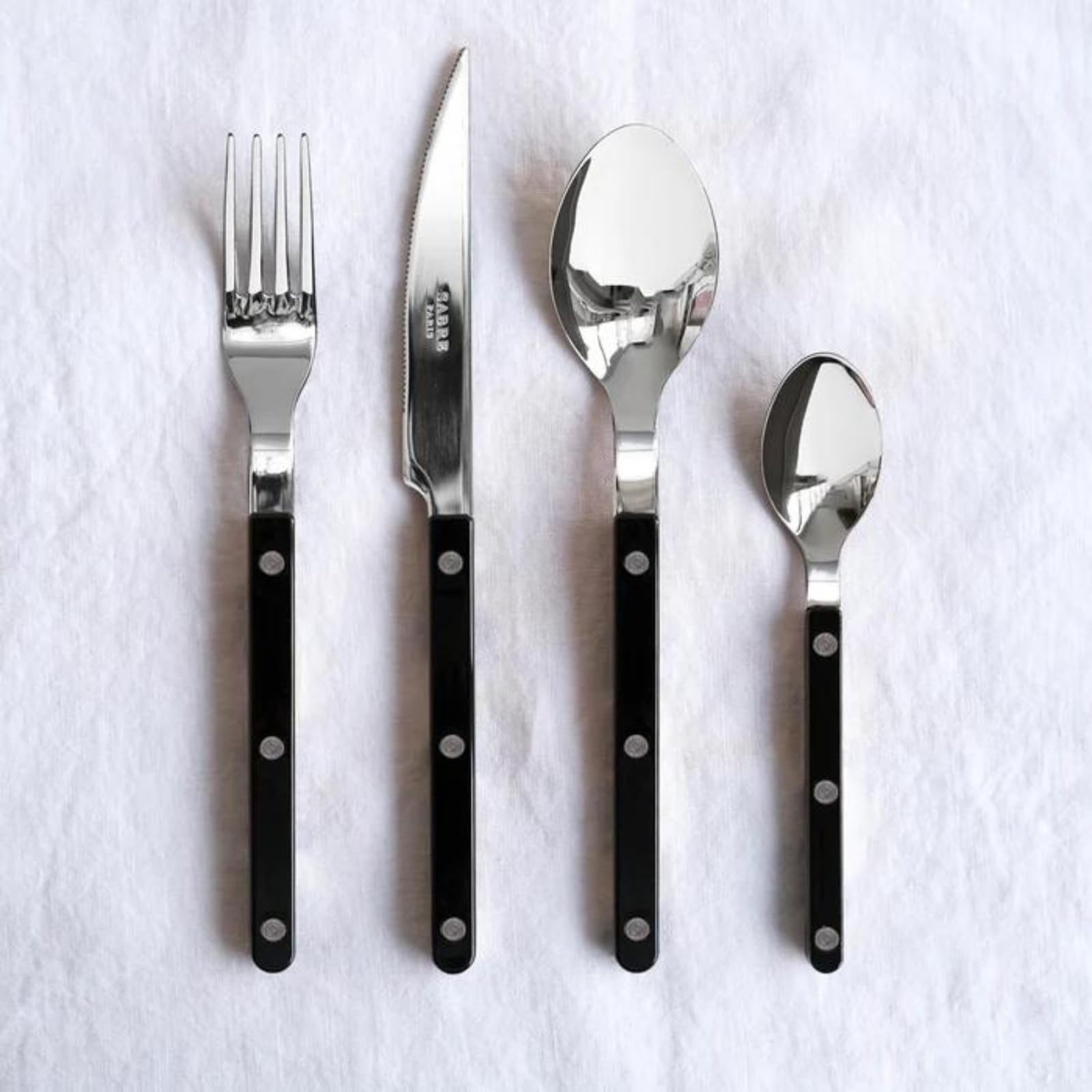 SABRE PARIS - 5-Piece Flatware Set - Bistrot Collection - Knife, Fork, Soup Spoon, Teaspoon & Dessert Fork - Stainless Steel & Nylon - Dishwasher Safe - Fern Green - Brilliant Finish