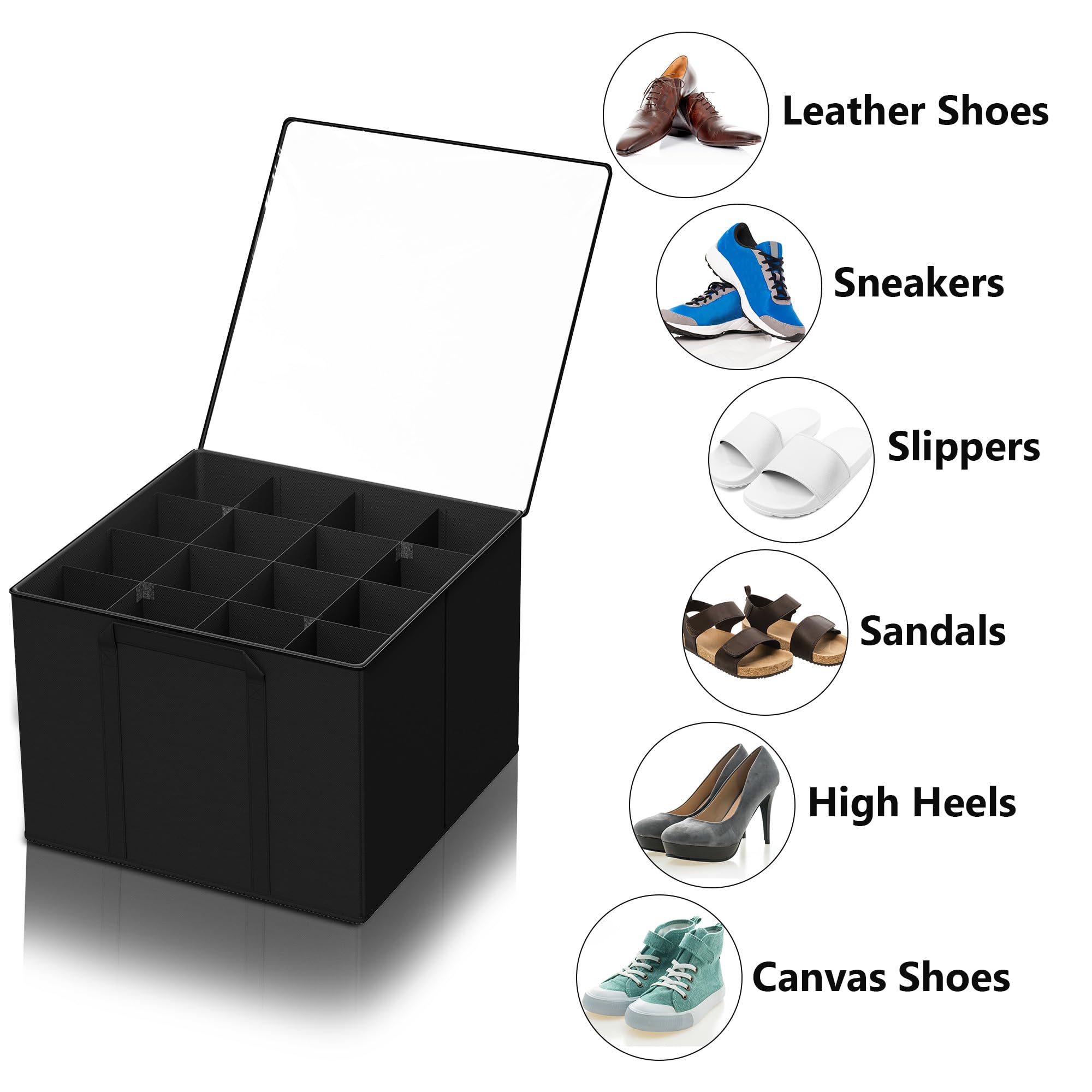 SUOCO 2 Pack Shoe Organizer for Closet, Fits up to 32 Pairs, Small Space Shoe Storage Boxes Bins Containers w/Adjustable Dividers and Clear Top, Black